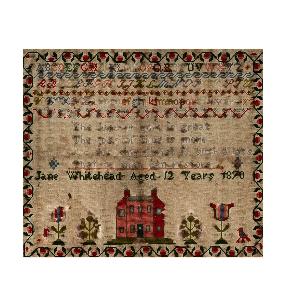 Antique Needlepoint Sampler Jane Whitehead 1870 | Work of Man — Work of ...